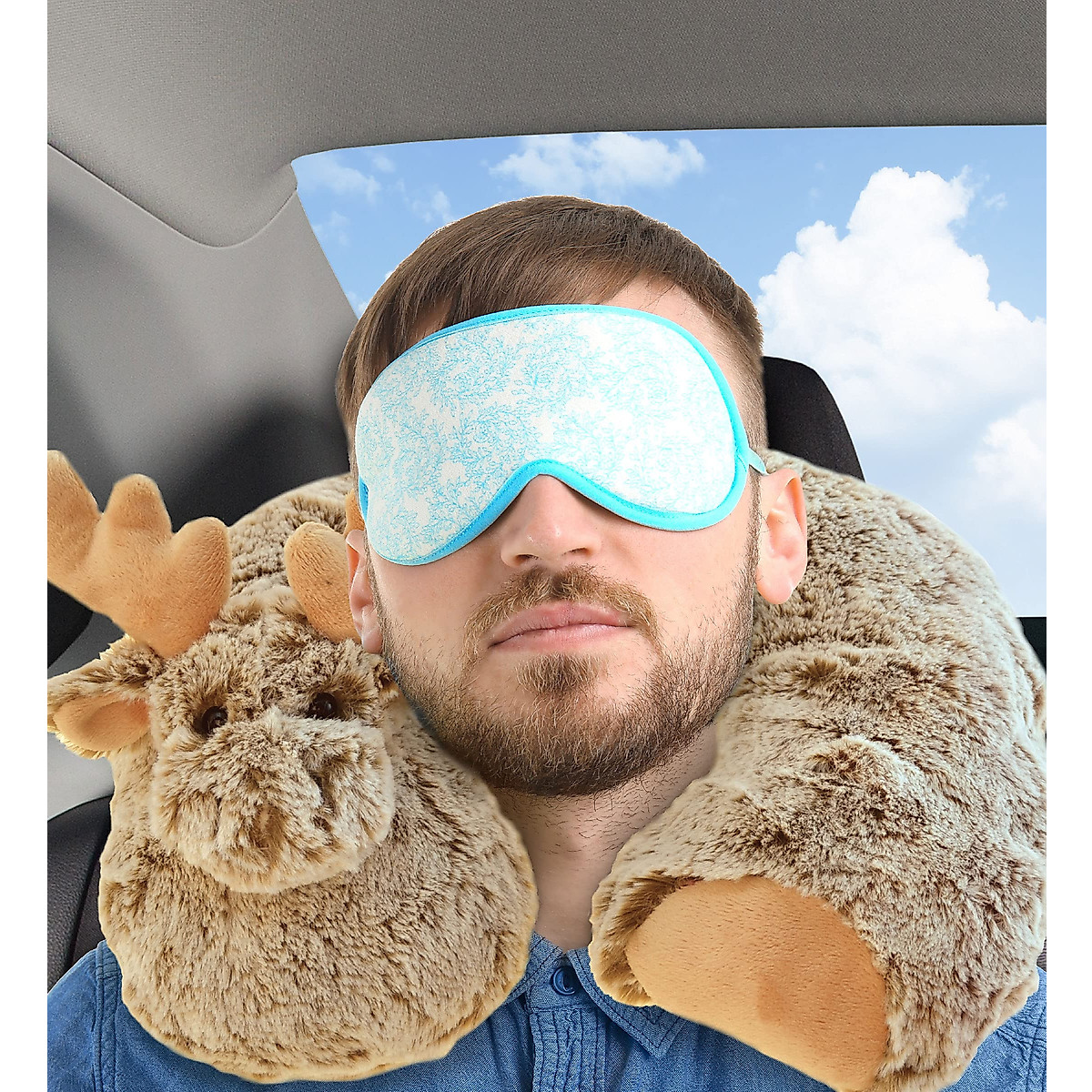 DolliBu Brown Moose Plush Neck Pillow - Soft Travel Neck Pillow Animal for Neck & Head Support, Cute Wild Life Stuffed Pillow Accessory for Naps, Novelty Stuffed Animal Headrest for Kids & Adults