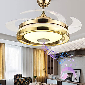 TFCFL 42'' Modern Music Ceiling Fan with Light, Invisible Smart Chandelier Fan with Bluetooth Player Remote Control 4 Retractable Blades 3 Colors for Dining Room Bedroom (Gold)