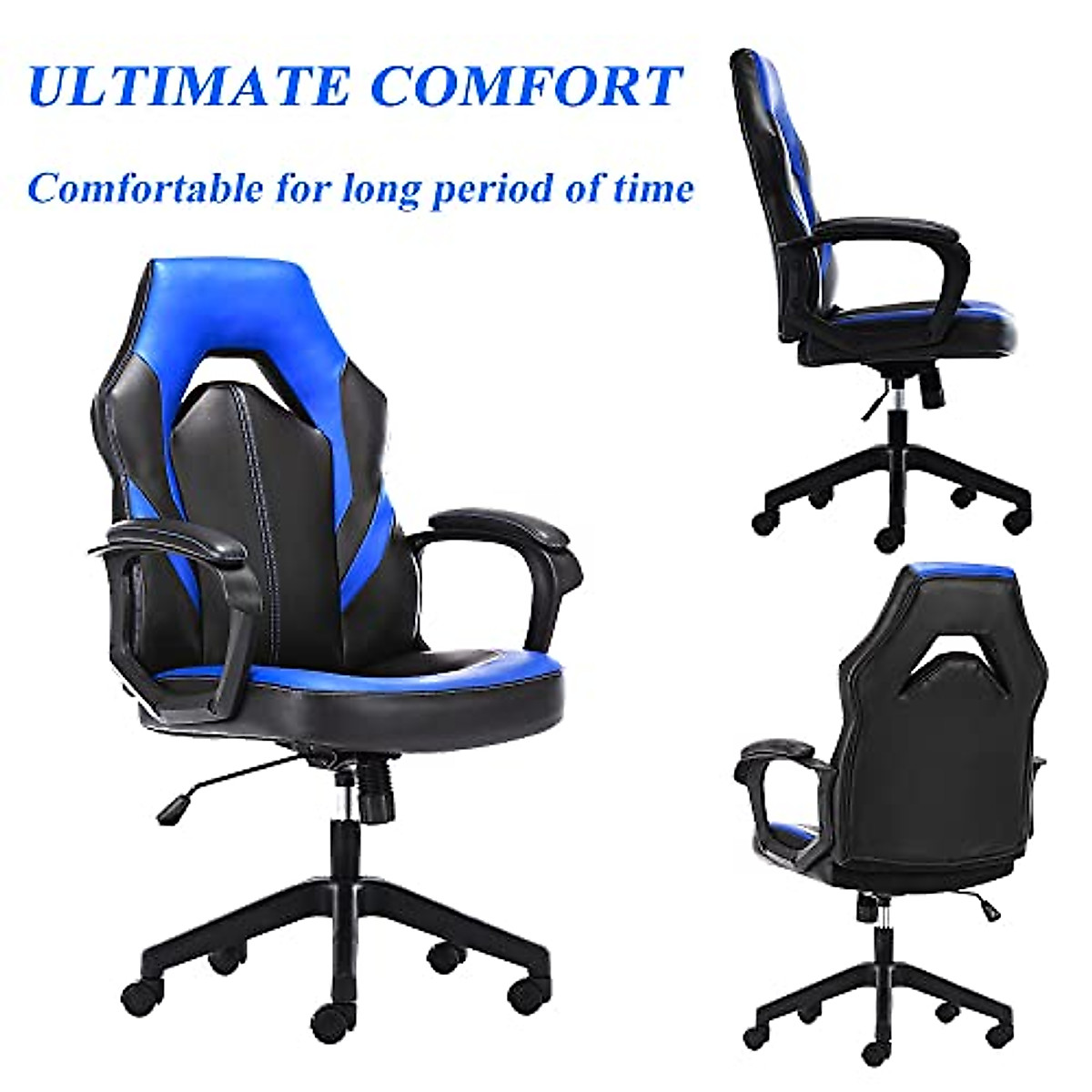 HOMEFLA Office Ergonomic Computer Gaming Desk Bonded Leather Swivel Chair Height Adjustable Cushioned Armrests, Blue