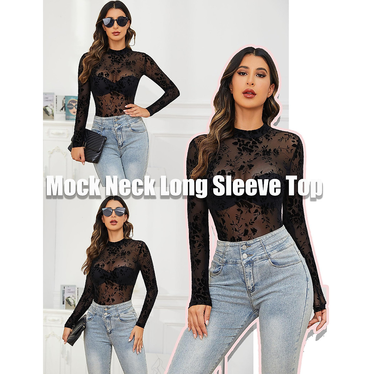 GAMISS Mesh Tops for Women Sheer Long Sleeve Mesh Tops Mock Neck Sexy Tops Black Floral L