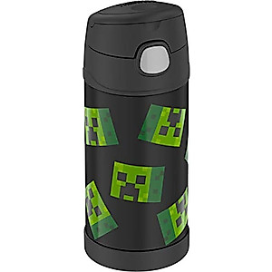 THERMOS FUNTAINER 12 Ounce Stainless Steel Vacuum Insulated Kids Straw Bottle, Dark Minecraft