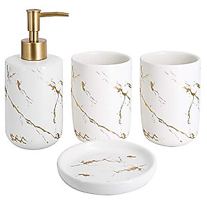 Qulable Cream Bathroom Accessories Set Complete, 4 Pcs Ceramic Bathroom Decorations Accessories Sets Includes Lotion Dispenser, 2 Tumblers and Soap Dish for Bath Decor, Countertop Vanity Organize