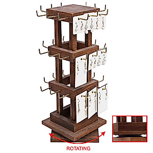 Ikee Design Elegant Wooden Rotating Jewelry Tower, 36 Hooks for Earrings, Bracelets, and Keychains, Versatile Countertop Rack for Store, Tradeshow, and Home, Brown Color