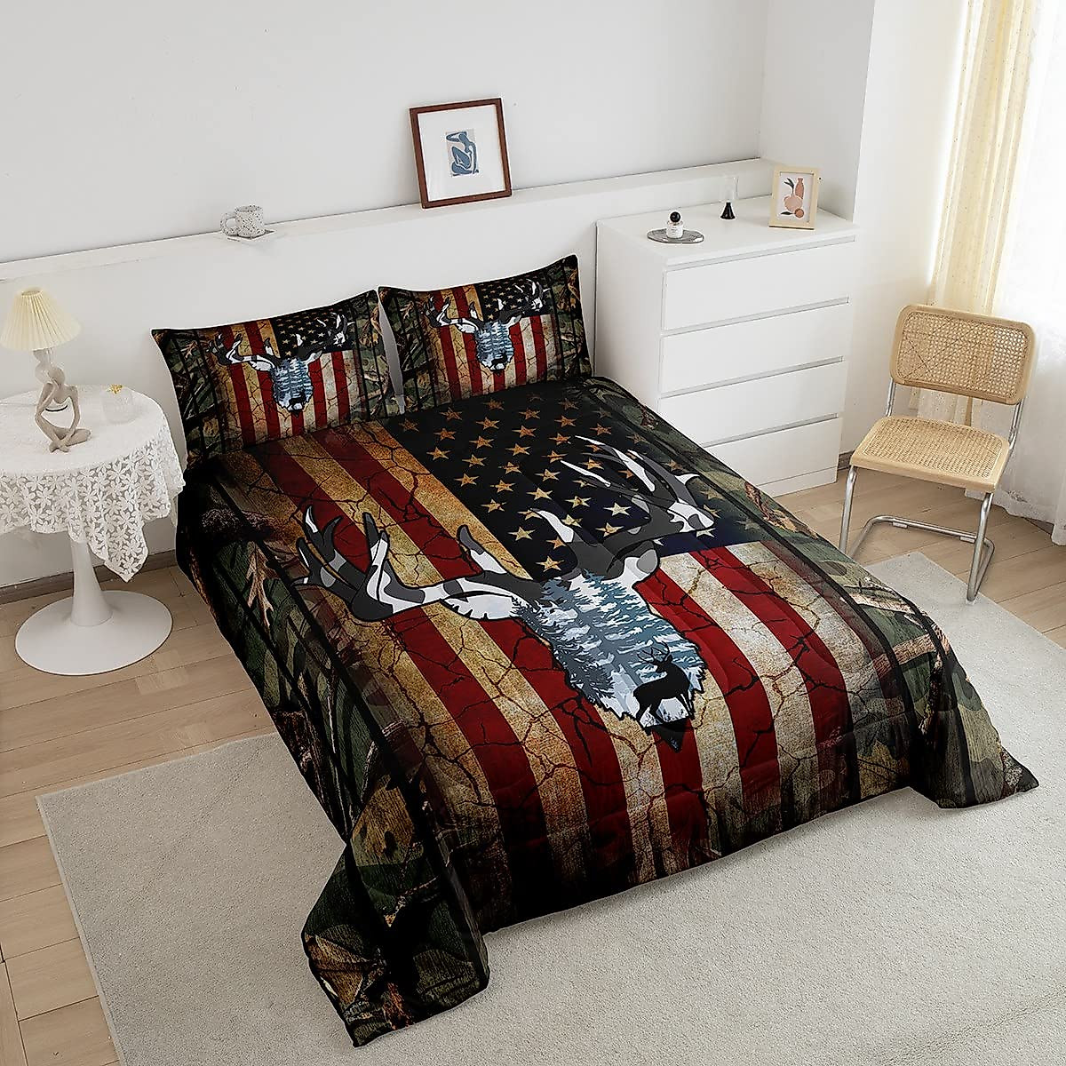 Feelyou Green Camo American Flag Bedding Set Deer Antlers Animal Hunting Camo Comforter Comforter Set Army Camouflage Camping Duvet Set Twin Size with 1 Pillow Case Boys