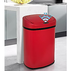 GINMAON Automatic Trash Can 13 Gallon Garbage Can with Lid Stainless Steel Large Capacity Touchless Kitchen Trash Can 50L Motion Sensor Smart Trash Bin for Kitchen, Bathroom, Office(Red)