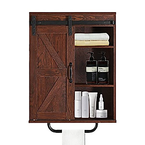 LUCKWIND Bathroom Farmhouse Medicine Cabinet with Sliding Barn Door, Retro Rustic Brown Wall Mounted Bathroom Cabinet w/Removable Towel Bar,Spaces Saving Storage Cabinet for Bathroom,Kitchen,Entryway