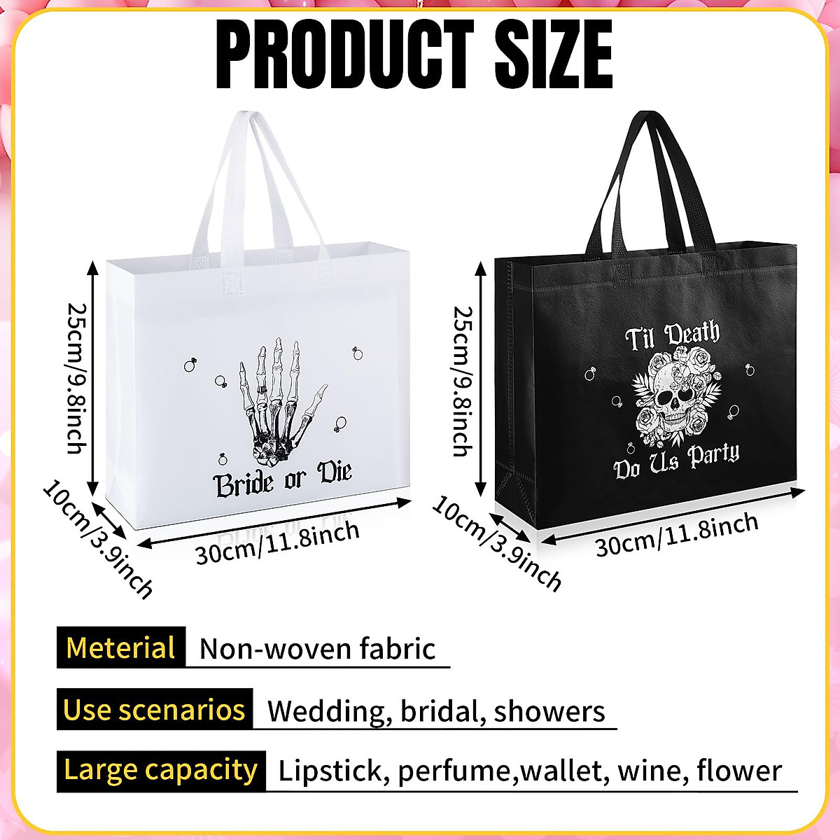 Wesnoy 12 Pcs Bride or Die Bachelorette Party Gift Bag Till Death Do Us Party Tote Bag with Handle Reusable Skeleton Bridesmaid Bag for Wedding Bachelorette Bridal Shower Supplies 11.8 x 3.9 x 9.8Inch
