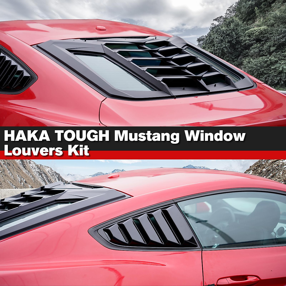 HAKA TOUGH Rear+Side Window Louvers for Ford Mustang 2015-2022, Side Windshield Rear Scoop Cover Sun Shade Mustang GT Accessories, Black 3PCS