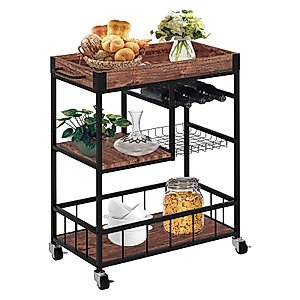 Fleecy day Wine Serving Bar Cart 3 Tier Home Rolling Rack with Wheels Mobile Kitchen Serving Cart,Industrial Vintage Style Wood Metal Serving Trolley Glass Holder Bar Cabinet
