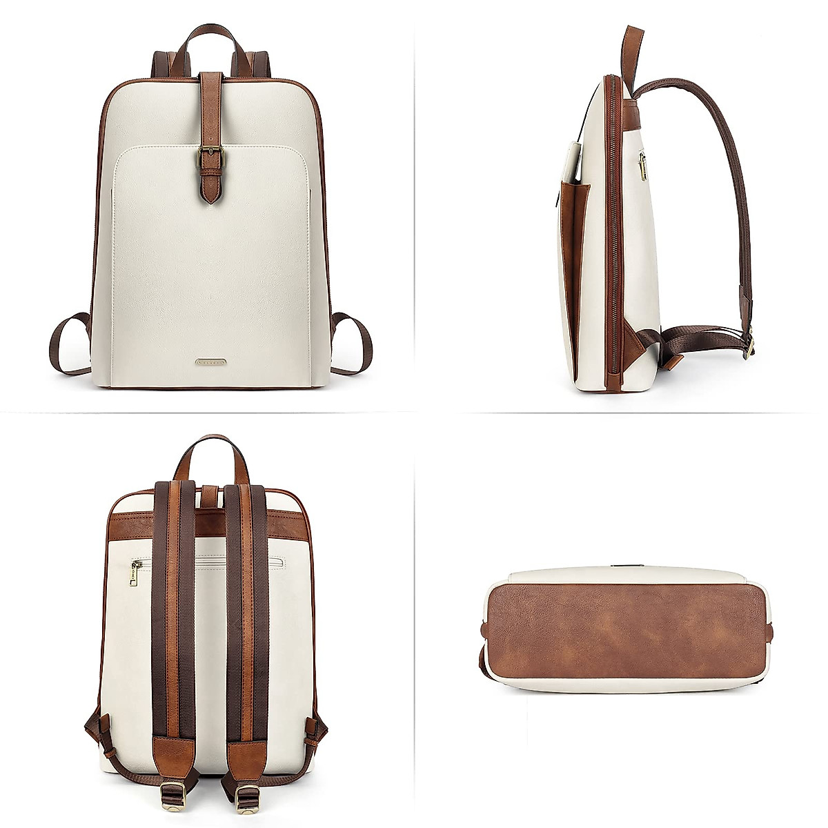 CLUCI Leather 15.6 inch Laptop Backpack Purse for Women Stylish Laptop Bag Work Computer Backpack College Bookbag Off-white with brown