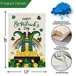 Spring St. Patrick's Day Garden Flag 12x18 Double Sided, Burlap Small Lucky Leprechauns Shamrock Welcome Yard Flag Banner Gold Coin Pot Rainbow Clover Sign for Home Outside Outdoor Decor (ONLY FLAG)