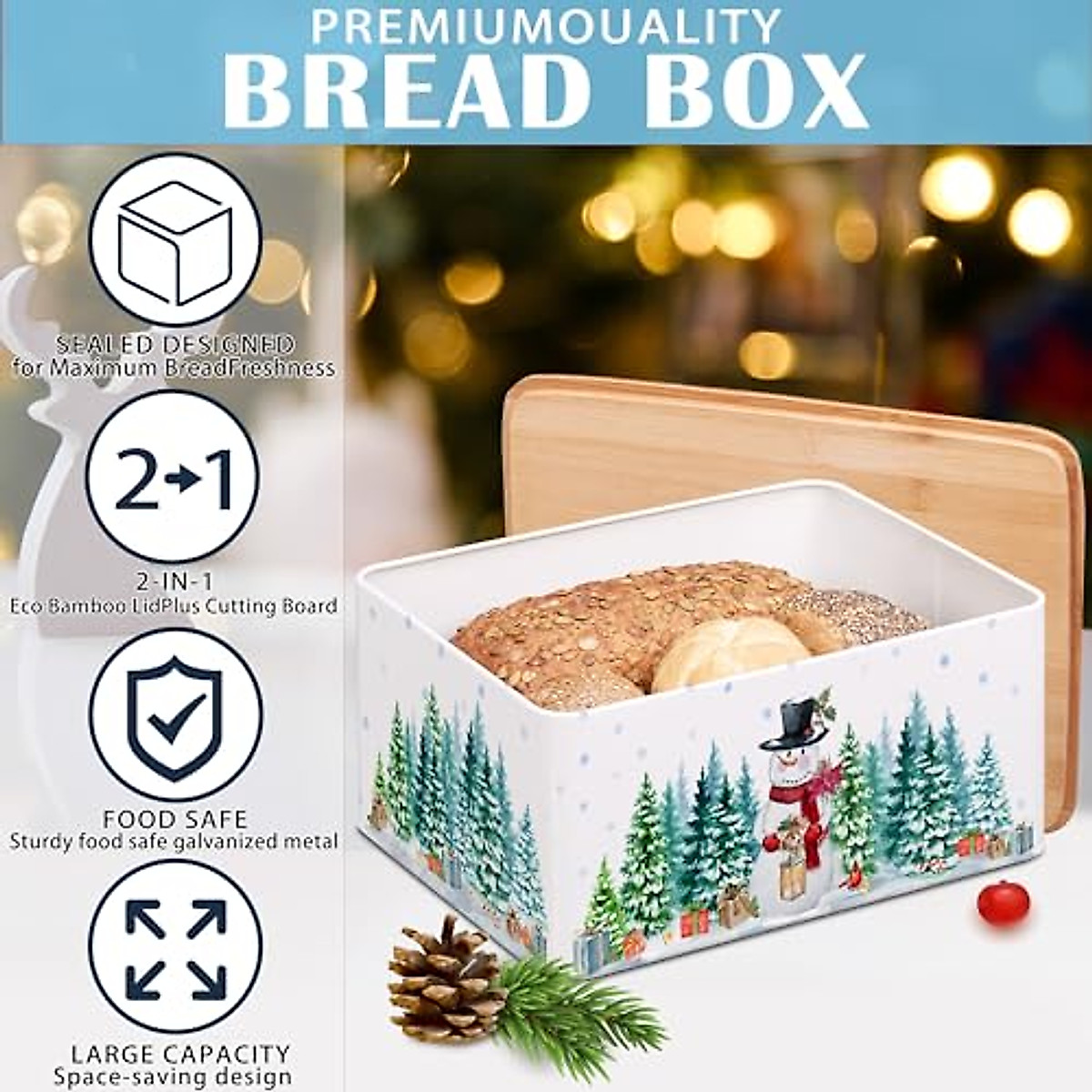 Pinata Rustic Christmas Bread Box, White, 13"L x 8.3"W x 5.3"H, Perfect for Christmas Kitchen Decor and Gift Giving