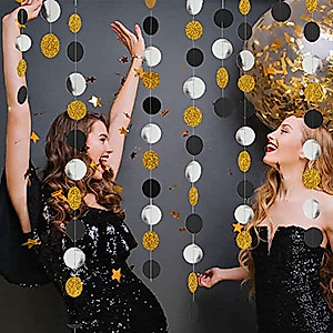 Decor365 Gold Back Circle Dots Garland Streamers Party Decorations Glitter Black Hanging Streamer Banner Backdrop Decoration for Birthday/Wedding/New Year/Gruaduation
