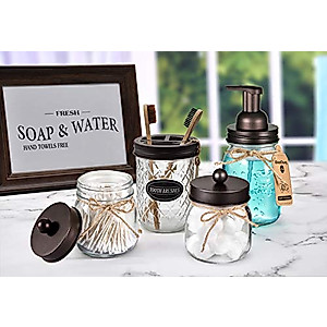 Mason Jar Bathroom Accessories Set - Mason Jar Foaming Hand Soap Dispenser and Qtip Holder Set - Rustic Farmhouse Decor Apothecary Jars Bathroom Countertop and Vanity Organizer (Bronze)-Patent Pending