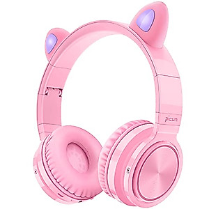 Picun Cat Ear Bluetooth Headphones 40 Hours Playtime with Romantic LED Light Up, Over Ear Girls Wireless Headphones with HD Mic, Foldable, Soft Memory Earmuff, for PC/Tablet/School Kids Adults - Pink