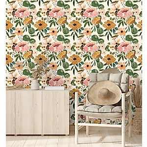 HAOKHOME Vintage Boho Floral Peel and Stick Wallpaper Peonies Removable Rose Beige/Pink/Oliva Vinyl Self Adhesive Contact Paper 17.7in x 9.8ft