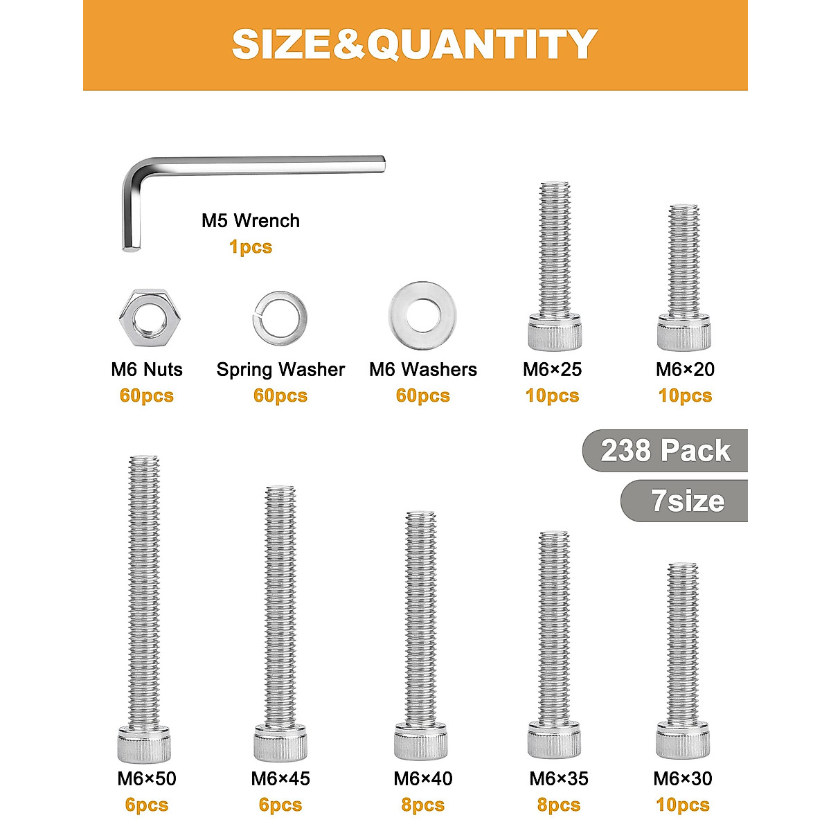 VIGRUE 238PCS M6-1.0 x 20/25/30/35/40/45/50mm Hex Socket Head Cap Screws, Stainless Steel 304 Allen Head Bolts Nuts Kit, Full UNC Thread