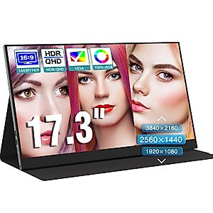 MSDONG 2K Portable Monitor - Dual hdmi 17.3 inch USB Type-C Travel Monitor,2560×1440,with Kickstand case and Built-in Speaker/100% sRGB/VESA mountable