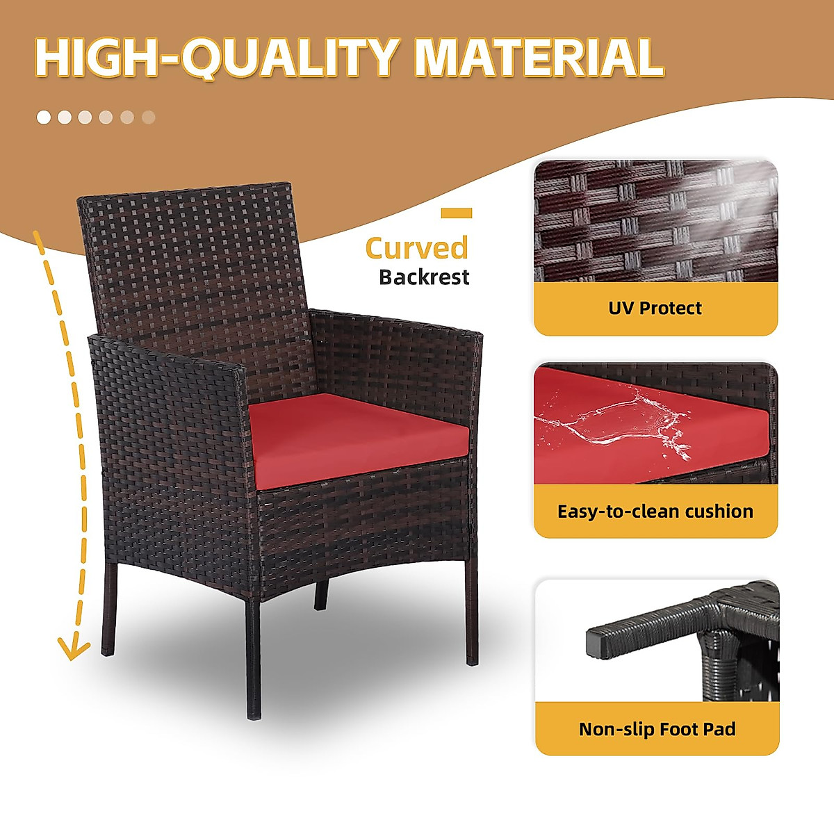 PAIQIAN Patio Porch Furniture Sets 3 Pieces PE Rattan Wicker Chairs with Table Tempered Glass Outdoor Garden Furniture Sets for Balcony Garden Porch Backyard(Brown/Red)