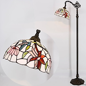 WERFACTORY Tiffany Floor Lamp Hummingbird Flower Stained Glass Arched Lamp 12X18X64 Inches Gooseneck Adjustable Corner Standing Reading Light Decor Bedroom Living Room S801 Series