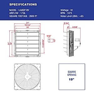 iLiving - 18" Wall Mounted Exhaust Fan - Automatic Shutter - Variable Speed - Vent Fan For Home Attic, Shed, or Garage Ventilation, 1736 CFM, 2600 SQF Coverage Area (Power Cord Not Included)