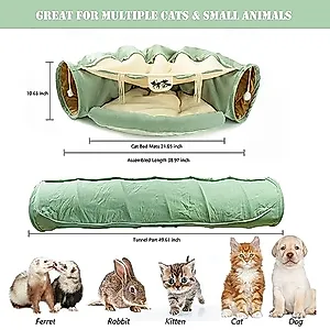 Kimruule Cat Tunnels for Indoor Cats, 2-in-1 Cat Tunnel Bed with Cat Toys Collapsible Cat Tunnel Tubes Toys with Removable Mat for Cats Kittens Ferret Rabbits Bunnies (Green)