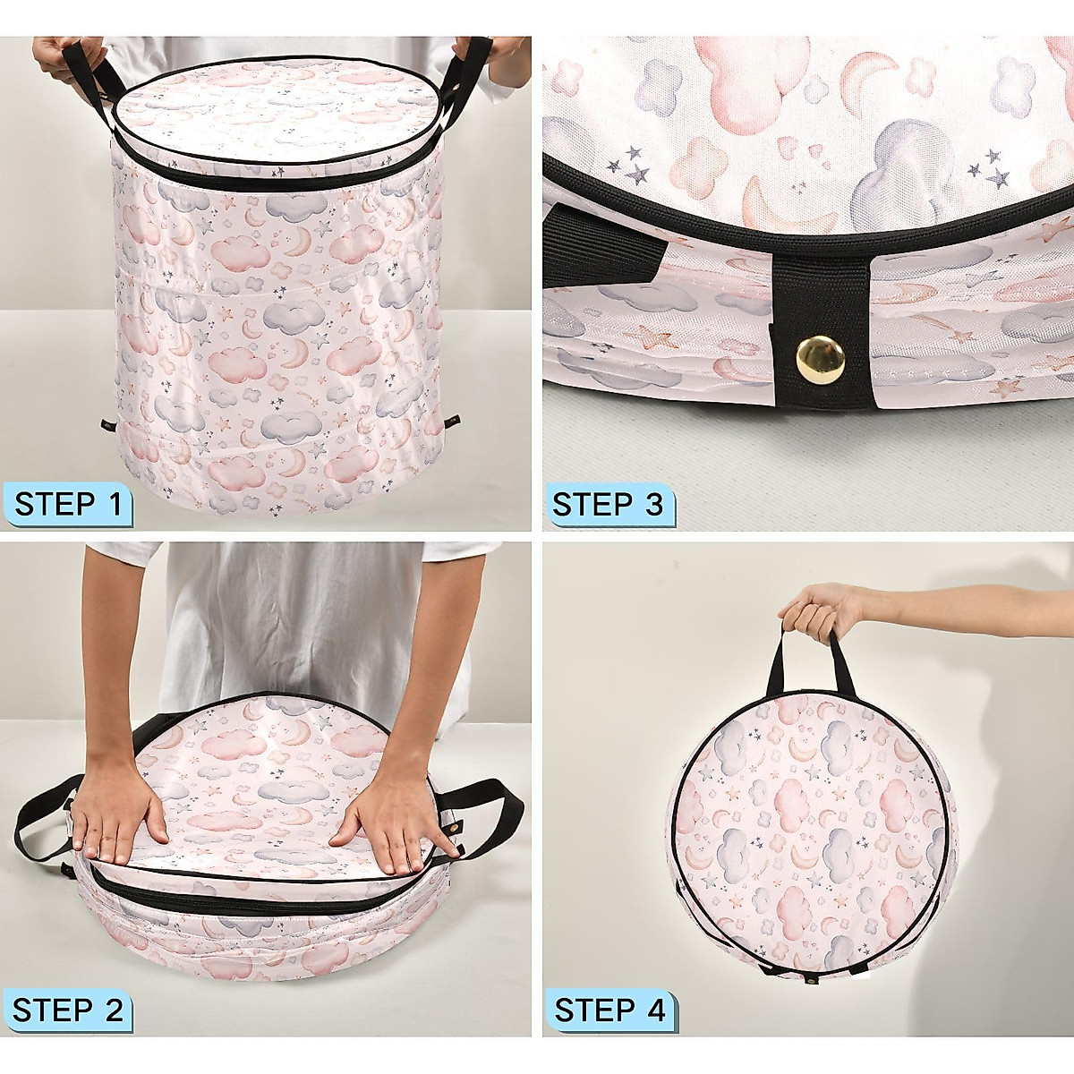 Blue Clouds Gold Stars and Moons Laundry Hamper Cubby Home 62 Qt Collapsible Round