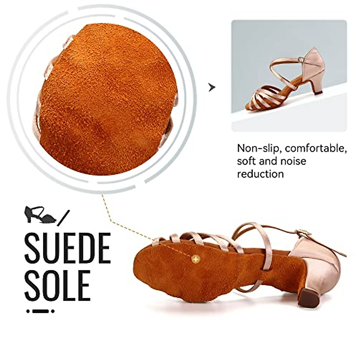 JUODVMP Women's Ballroom Latin Salsa Shoes Satin 5-Straps Braided with Suede Sole Heels,8 US