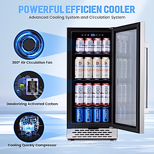 15 Inch Beverage Refrigerator Under Counter, Small Beverage Fridge with Glass Stainless Steel Door&Lock,130 Cans Beverage Cooler For Home, Built-in/Freestanding Mini Fridge for Beer Soda Wine Water
