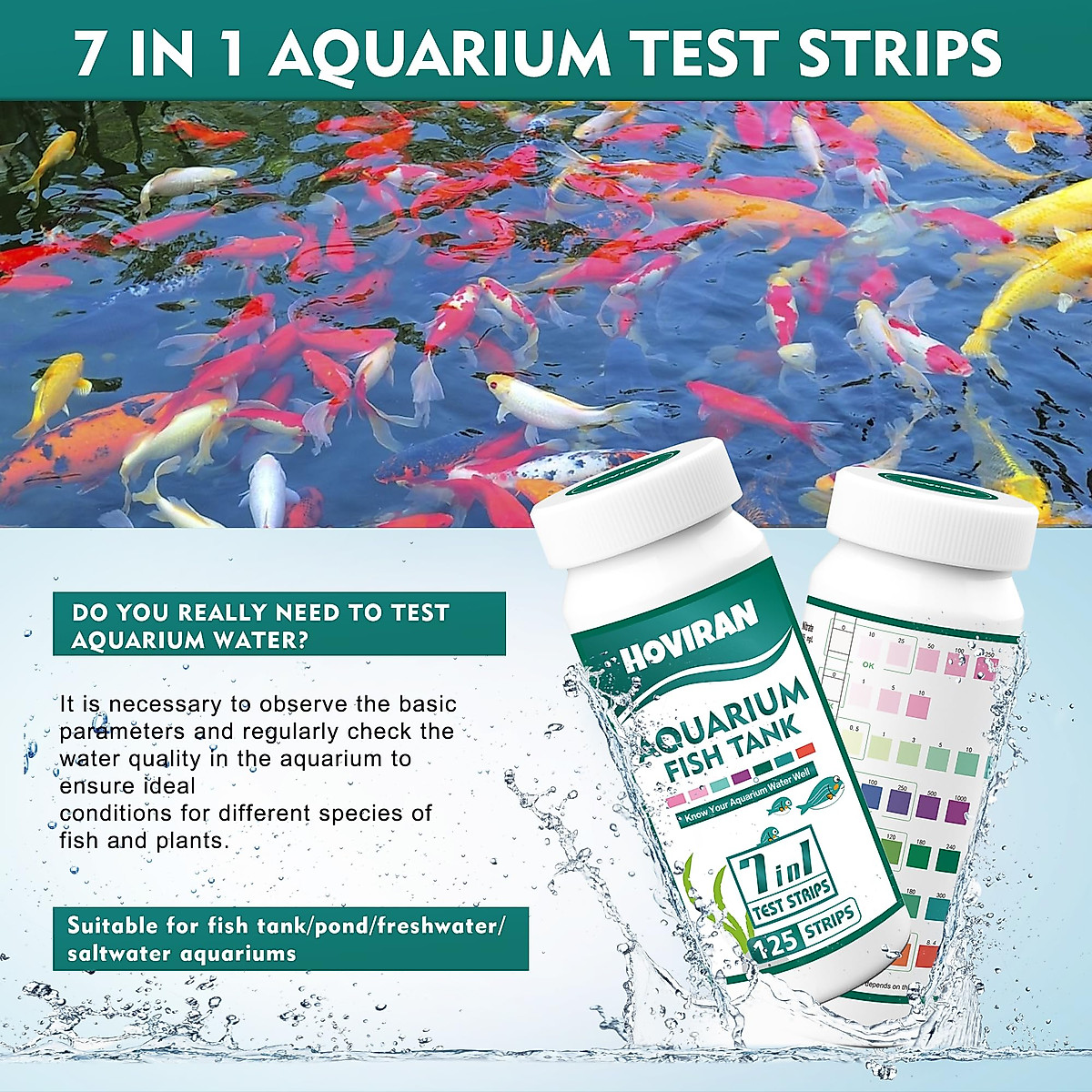 7 in 1 Aquarium Test Strips, 125 Count Fish Tank Test Strips for Freshwater Saltwater Pond, Water Testing Kit Aquarium for Chlorine, Total Hardness, Carbonate, Alkalinity, Nitrate, Nitrite and pH