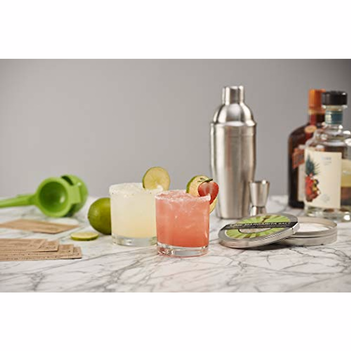 Margarita Cocktail Kit - Set of Rocks Glasses | Stainless Cocktail Shaker & Jigger | Citrus Squeezer | Rokz Lime Infused Margarita Salt | Recipe Cards. The Perfect Margarita Kit Gift Set!