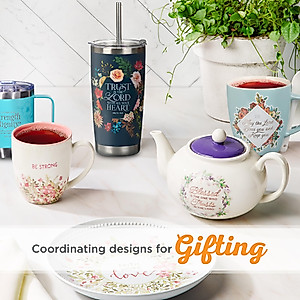 Christian Art Gifts Reusable Stainless Travel Mug Tumbler w/Straw for Women: Trust in the Lord Bible Verse, Double Wall Vacuum Insulated, Pop-up Lid, Hot/Cold, Cute Navy Blue Multicolor Floral, 18 oz.