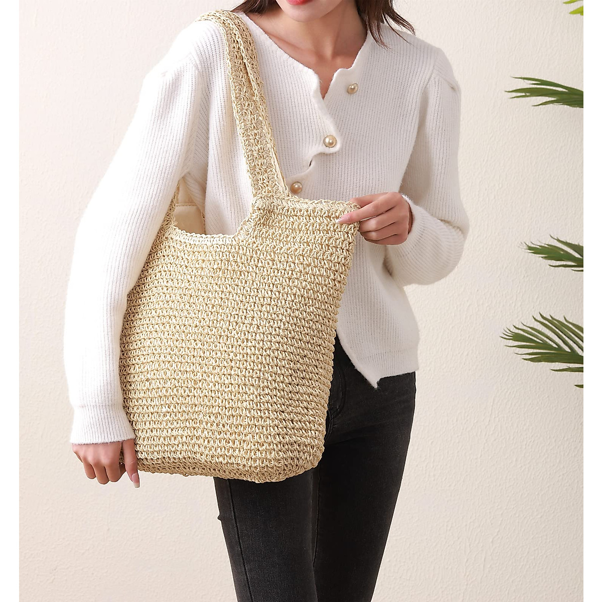 GOLDTIMO Beach Bags for Women - Summer Soft Large Woven Shoulder Purse Handbag, Beach Tote Straw Bag for Summer Vacation, Beige