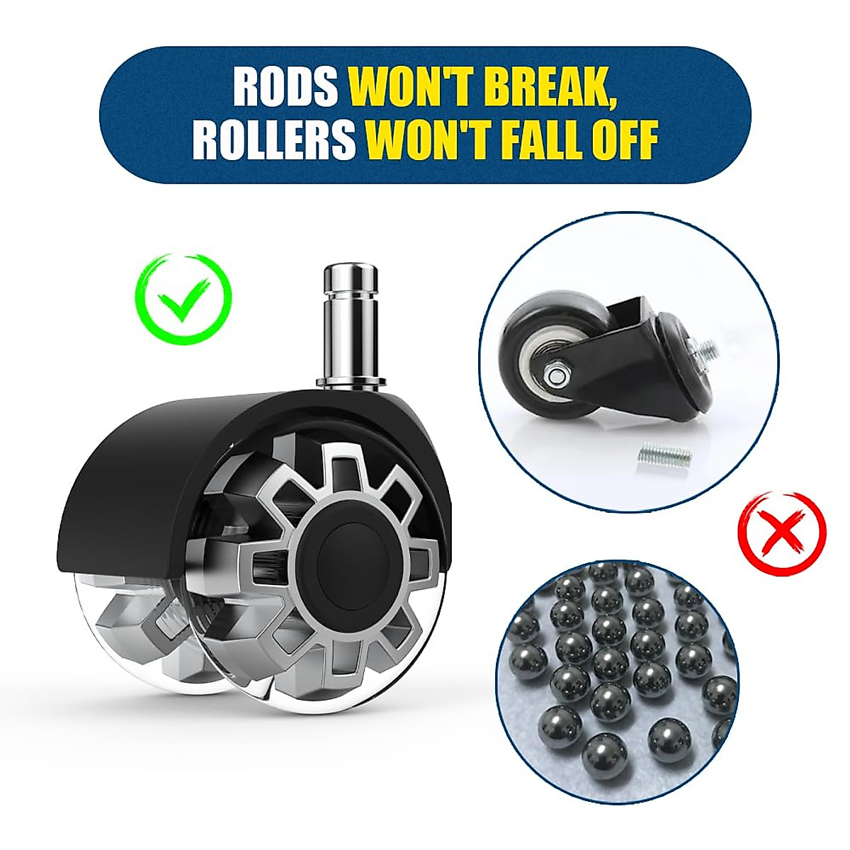 Office Chair Wheels Replacement-Heavy Duty Rubber Wheels for Office Chair(2200Lbs)-2''Universal Size Office Chair Casters,Smooth & Safe Rolling for All Floors Including Hardwood and Carpet(Set of 5)