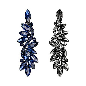 BriLove Wedding Bridal Clip On Earrings for Women Crystal Multi Marquise Filigree Flower Chandelier Dangle Earrings Navy Blue Sapphire Color Black-Silver-Tone