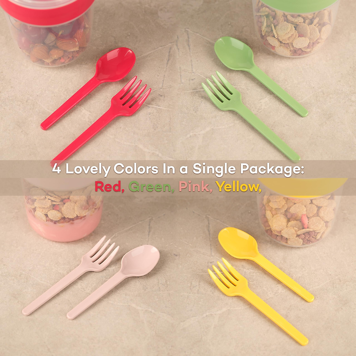 Osier Blanc 4 Pack On The Go 21.9 oz Breakfast Cups with Lids and Spoon, Reusable Cereal Yogurt Cup with Topping Plastic Overnight Oats Container for Granola Oatmeal (21.9 oz - 4 Colors Set)