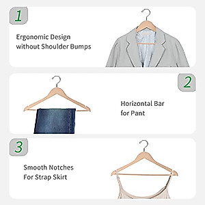 Nature Smile 20 Pack Premium Adult Unfinished Natural Solid Wooden Clothes Hangers Wood Suit Coat Jacket Hanger with Extra Smoothly Cut Notches and Bar - 360°Stronger Rotatable Hook