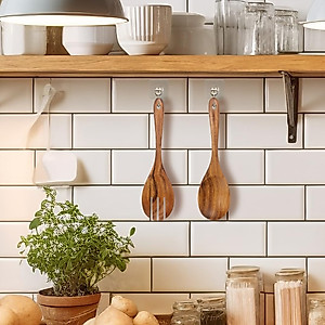 Teak Wooden Salad Fork and Spoon, Wooden Salad Spoons 10.2 Inches, Teak Wood Spoon Fork, Natural Wooden Spoon Fork Set with Ergonomic Handle, Teak Wood Salad Servers (1 Spoon + 1 Fork)