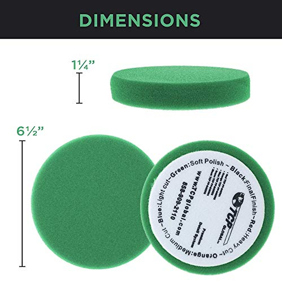 6.5" Green Flat Soft Polishing Grip Foam Polish Pad - DA Hook & Loop - Polish Car, Auto Polisher Detailing Buffing - Designed for Finishing, Pre-Finishing on All Paint Surfaces, Paint Sealants, Waxes