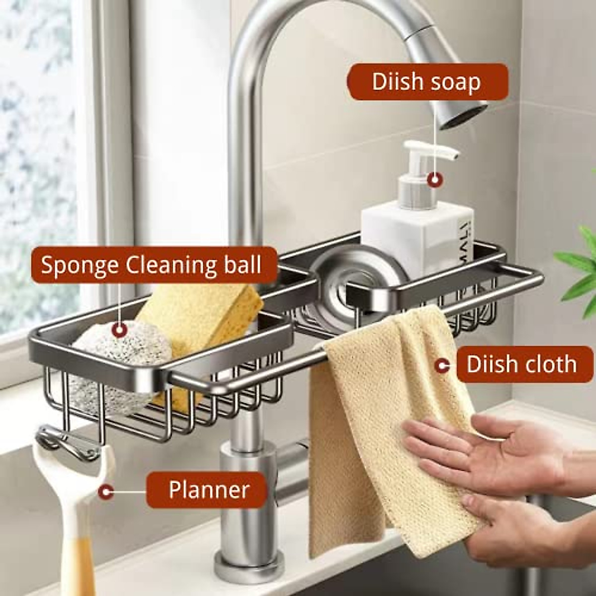 LuLusmoda Kitchen Sink Rack Faucet Sponge Holder Over The Sink Organizer Faucet Rack with Hook，A Free Dish Cloth Note：Round Pipe with Diameter 0.7-1.1 Inchs Can Be Used(Aluminum，Double,Elegant Gray