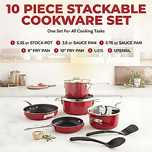 Gotham Steel STACKMASTER Pots Stackable 10 Piece Cookware Set Ultra Nonstick Cast Texture Coating Includes Fry Pans, Red