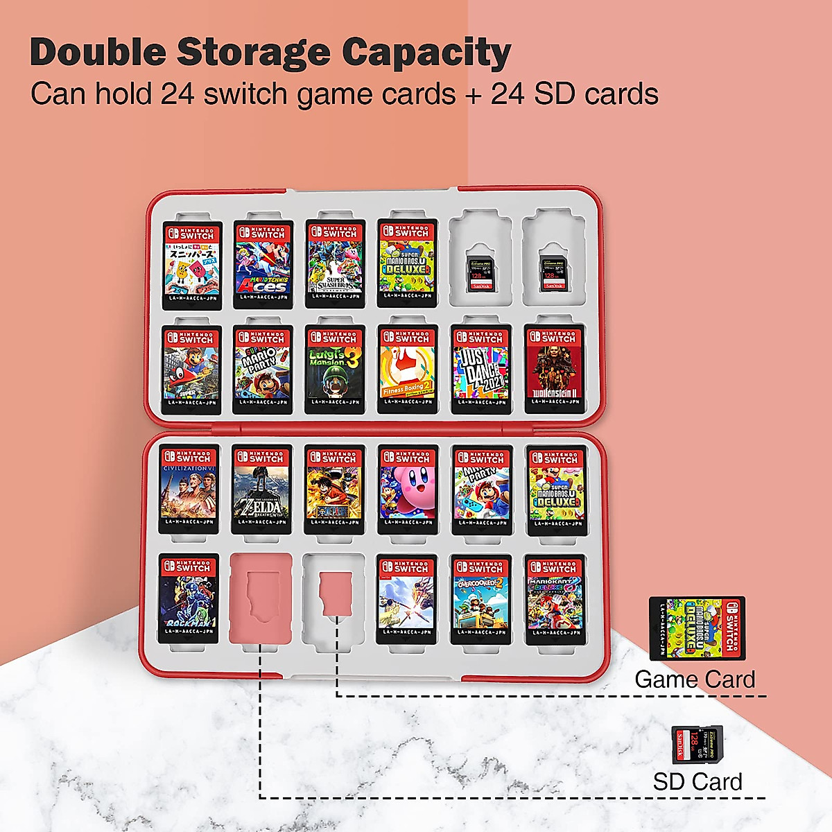 KENOBEE 24 Game Card Case Compatible with Nintendo Switch/Switch Lite/Switch OLED 2021, 24 Slot Storage Holder for SD Card&Switch Game Card, Slim Portable Storage Cartridge Box for Travel Carrying