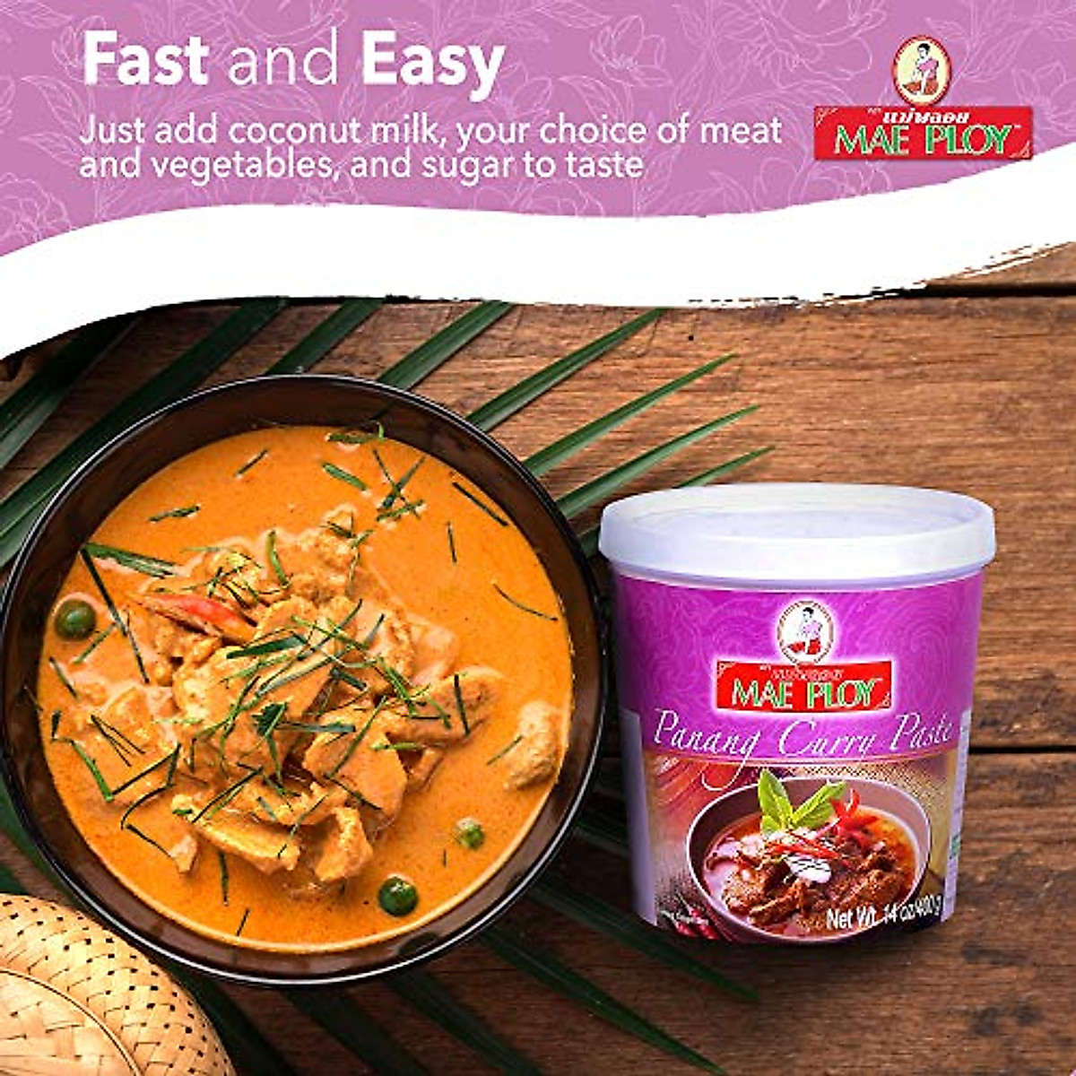 Mae Ploy Panang Curry Paste, Authentic Thai Panang Curry Paste for Thai Curries & Other Dishes, Aromatic Blend of Herbs, Spices & Shrimp Paste, No MSG (14 oz Tub)