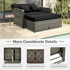 Tangkula Patio Rattan Daybed Set, Wicker Loveseat Sofa w/Multipurpose Ottoman & Retractable Side Tray, 4-Level Adjustable Backrest, Footstool w/Storage, Seat & Back Cushion Included