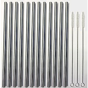 12 Stainless Steel Wide Drink Straws - CocoStraw Large Straight Frozen Smoothie Straw - 12 Pack + 3 Cleaning Brushes