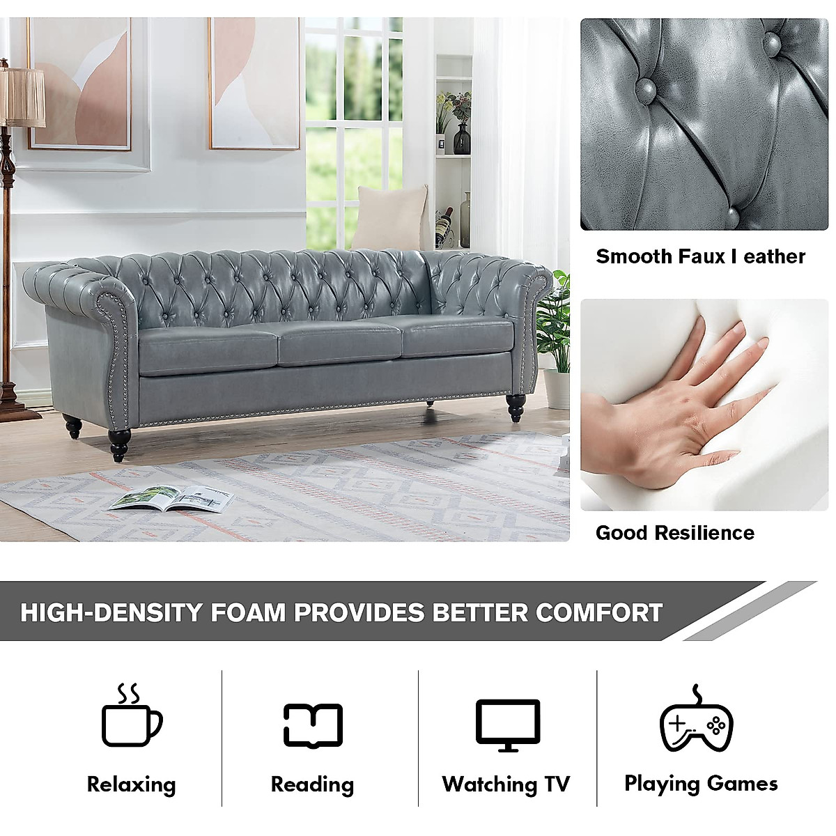 Wlvos 84" Leather Chesterfield Sofas for Living Room, Rolled Arm 3-Seater Large Couch Deep Button Nailhead Tufted Upholstered Couches for Bedroom, Office Apartment Easy to Assemble (Gray)