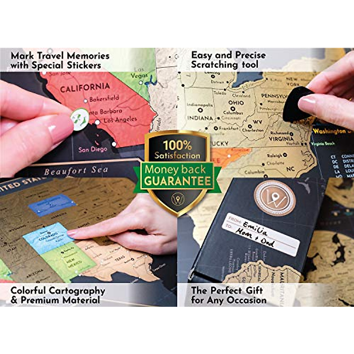 Two Scratch Off Maps - Map of the World (Large) + US States Map (Small) - Deluxe Scratch-Off Travel Posters for Adults, Kids - Made in Europe