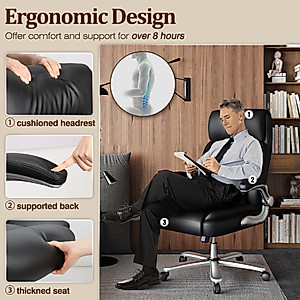 NexHut Office Chair, Ergonomic Desk Chair, 500lbs Heavy Duty Executive Leather Chair with Adjustable Lumbar Support, Flip-up Arms, Wide Thick Seat, High Back Comfy Computer Chair for Back Pain