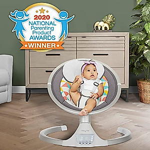 Dream On Me Zazu Baby Swing, Baby Swing for Infant, 5- Swinging Speed, Two Attached Toys, Bluetooth Enabled and Remote Control, Grey and Pink