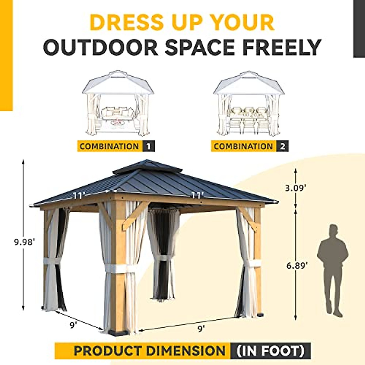 EROMMY 11'x11' Solid Wood Gazebo, Outdoor Hardtop Gazebo Pavilion with Netting and Curtains, Spruce Wooden Frame Double Roof Metal Canopy for Patio Backyard Deck Garden